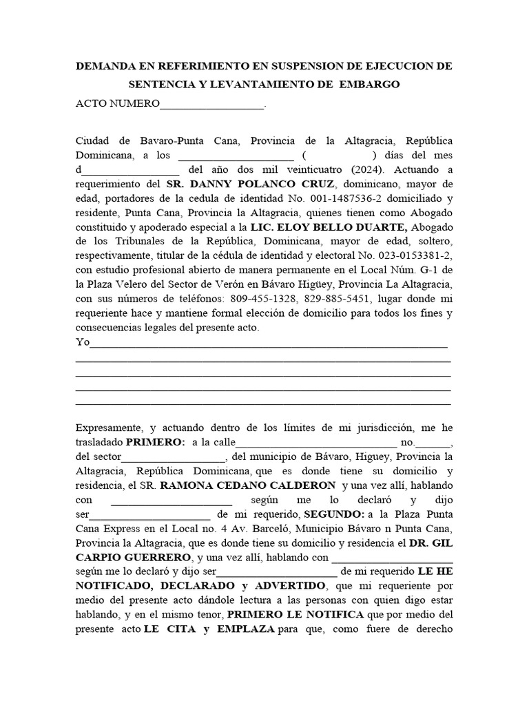 Demandaen Suspension y Levantamiento de Embargo de Ejecucion de ...