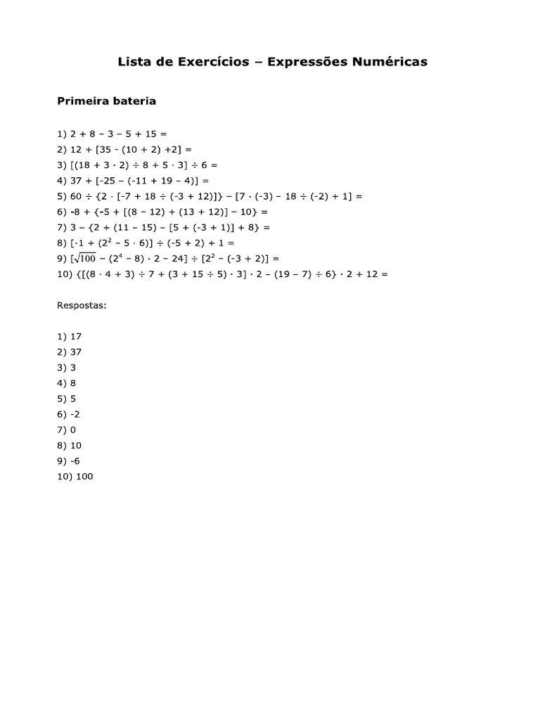 Exercícios de Expressões Numéricas | PDF