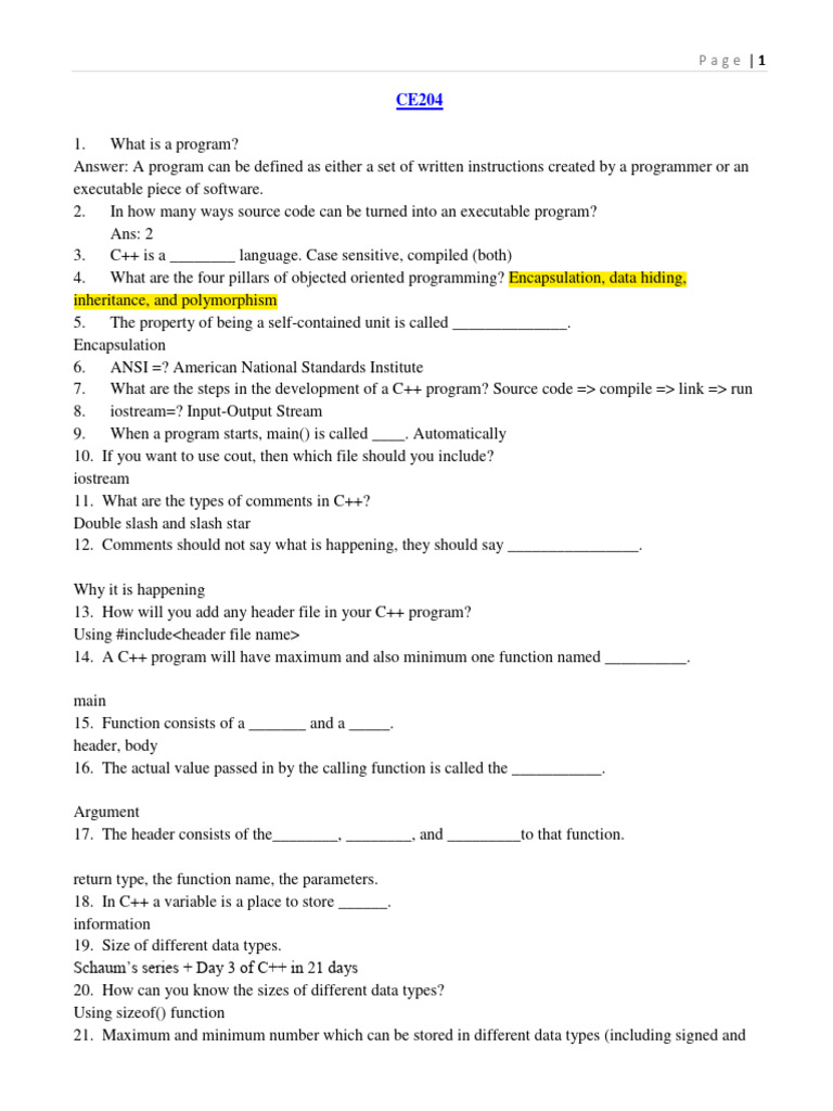 C++ Short Questions With Answers | Download Free PDF | C++ | Computer ...