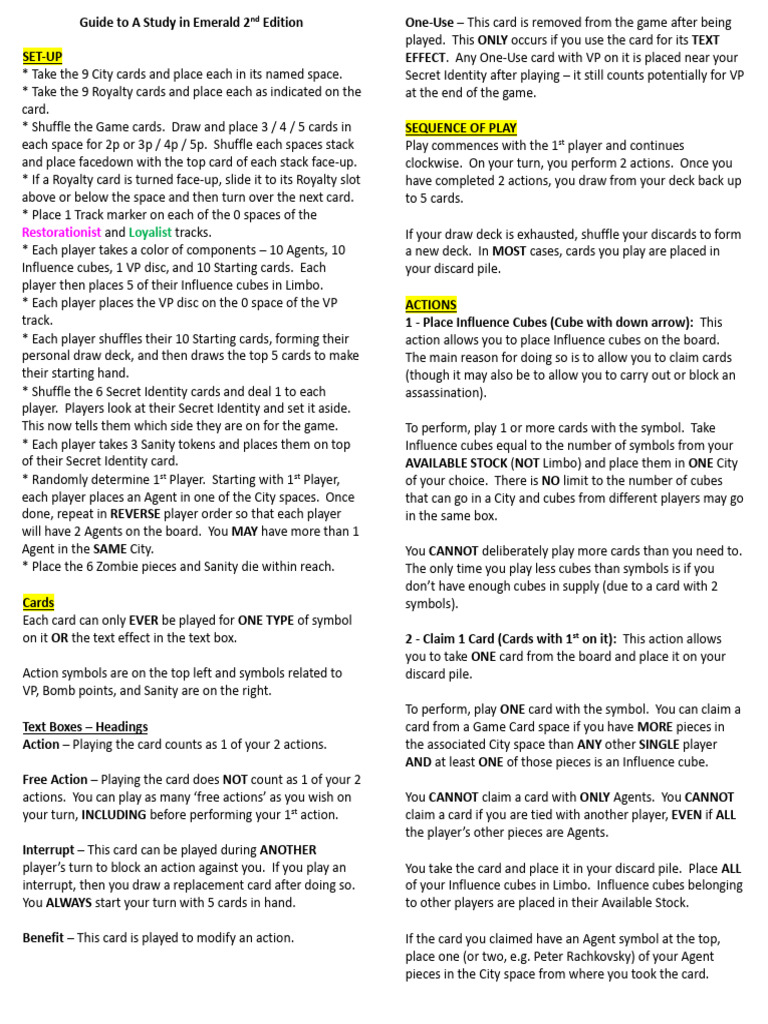 A Study in Emerald 2nd Edition Game Aid - 3 Pages v1.02 | PDF | Playing ...