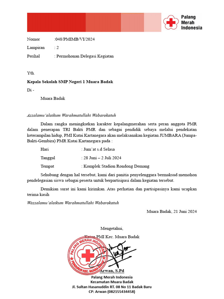 Surat Permohonan Delegasi Dan Izin Orang Tua PMR SMP N 1 | PDF