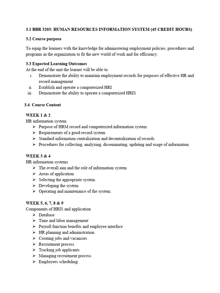 BBR 3203 HRIS Course Outline | PDF | Human Resource Management | Business