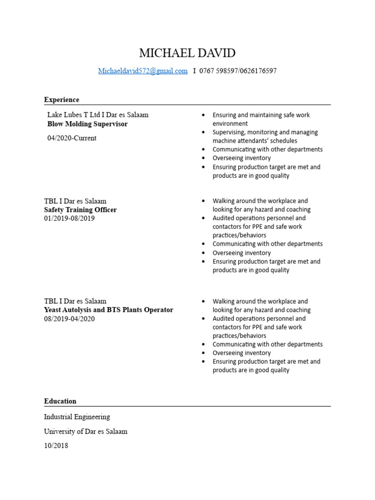 Michael David: Experience Blow Molding Supervisor | PDF | Safety ...