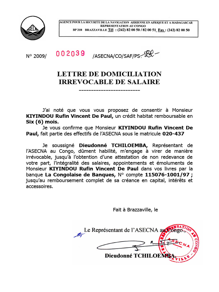 Lettre de Domiciliation | PDF | Crédit | Finance et gestion monétaire