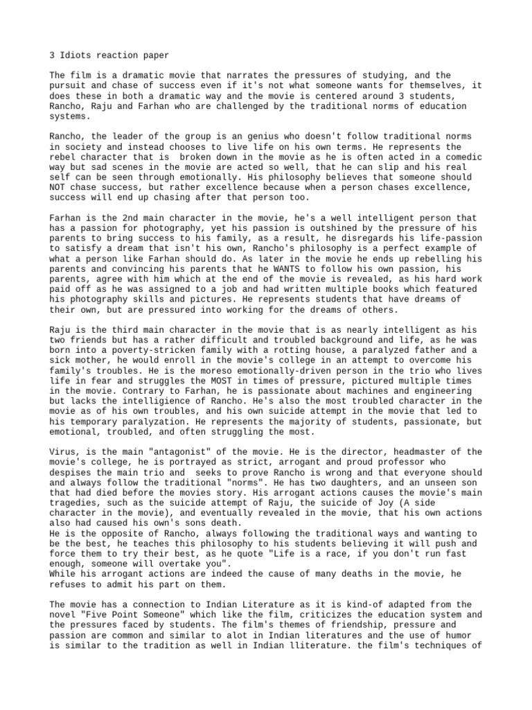 3 Idiots Reaction Paper | PDF