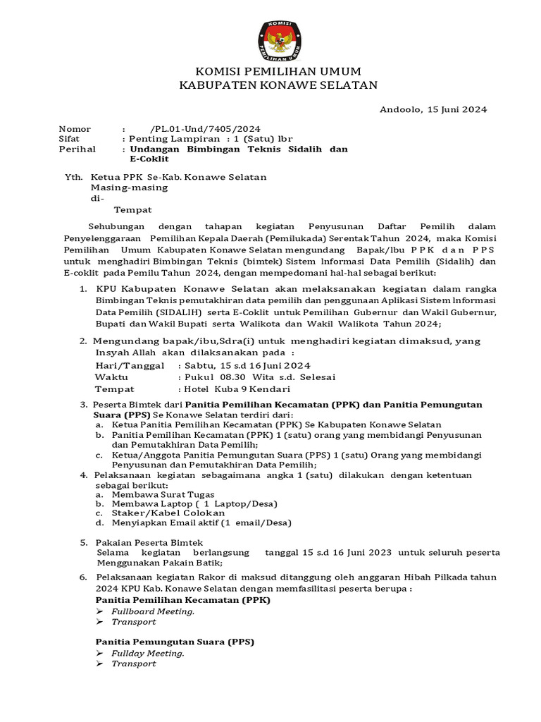 Und. Bimtek Sidalih Dan E-Coklit 2024 | PDF