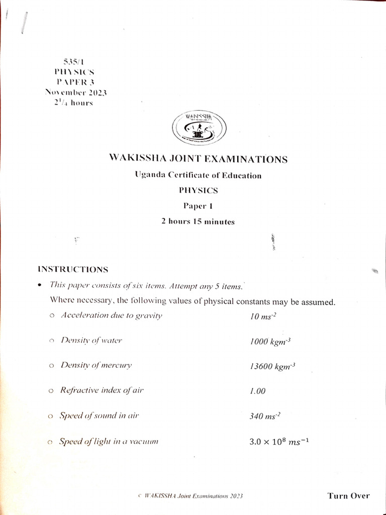 CBC WAKISHA P1 PHY 2023 | PDF