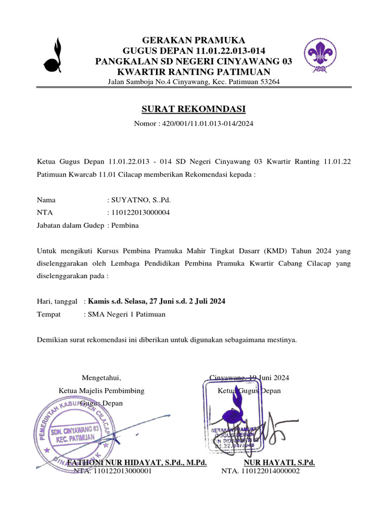 Surat Rekomendasi KMD Pramuka 2024 | PDF
