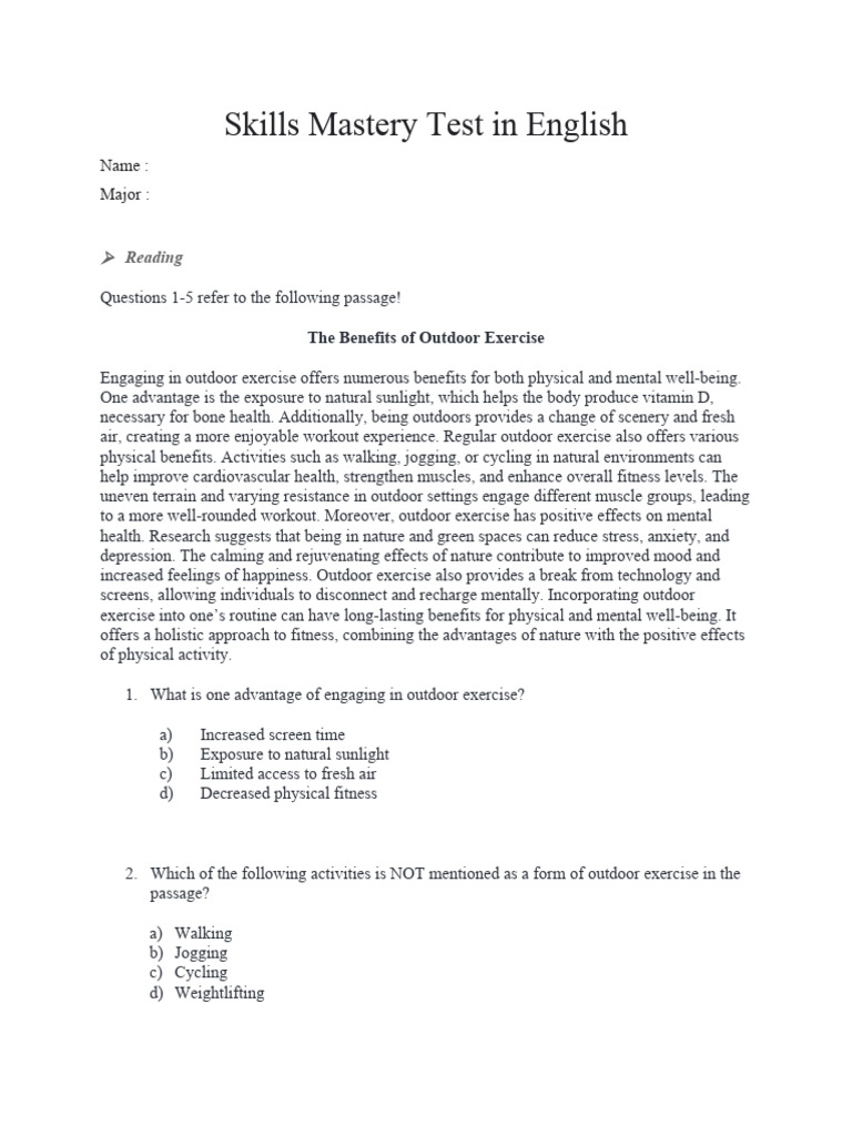 Skills Mastery Test in English | PDF | Physical Fitness | Psychology