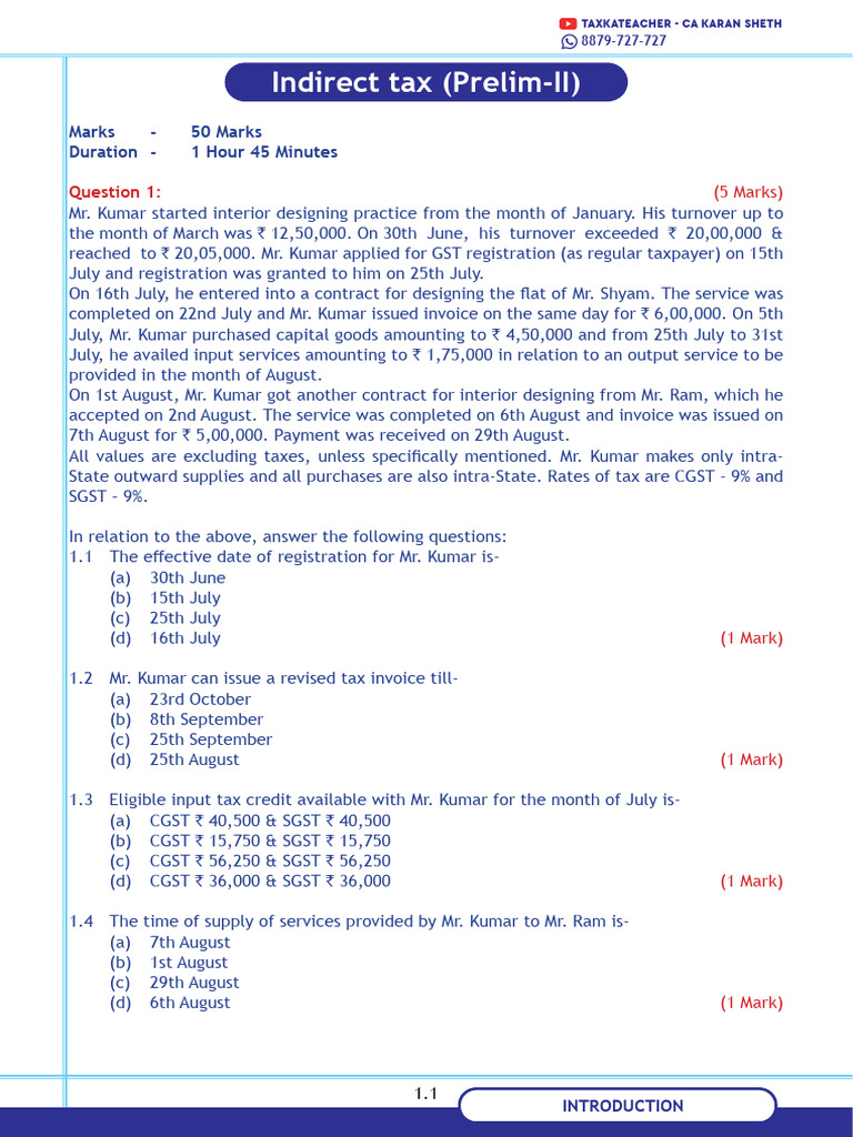 GST Indirect Tax Question Paper | PDF | Taxes | Business