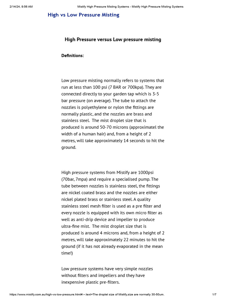 Difference Between High Pressure and Low Pressure Water Mist Systems | PDF | Pressure | Drop ...