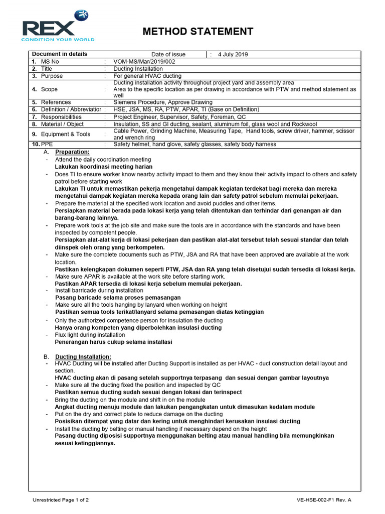 Sample Method Statements No. 002 HVAC - Ducting Installation | PDF ...