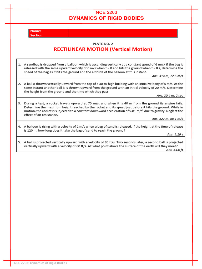 Plate No 2 Rectilinear Motion With Constant Acceleration Vertical