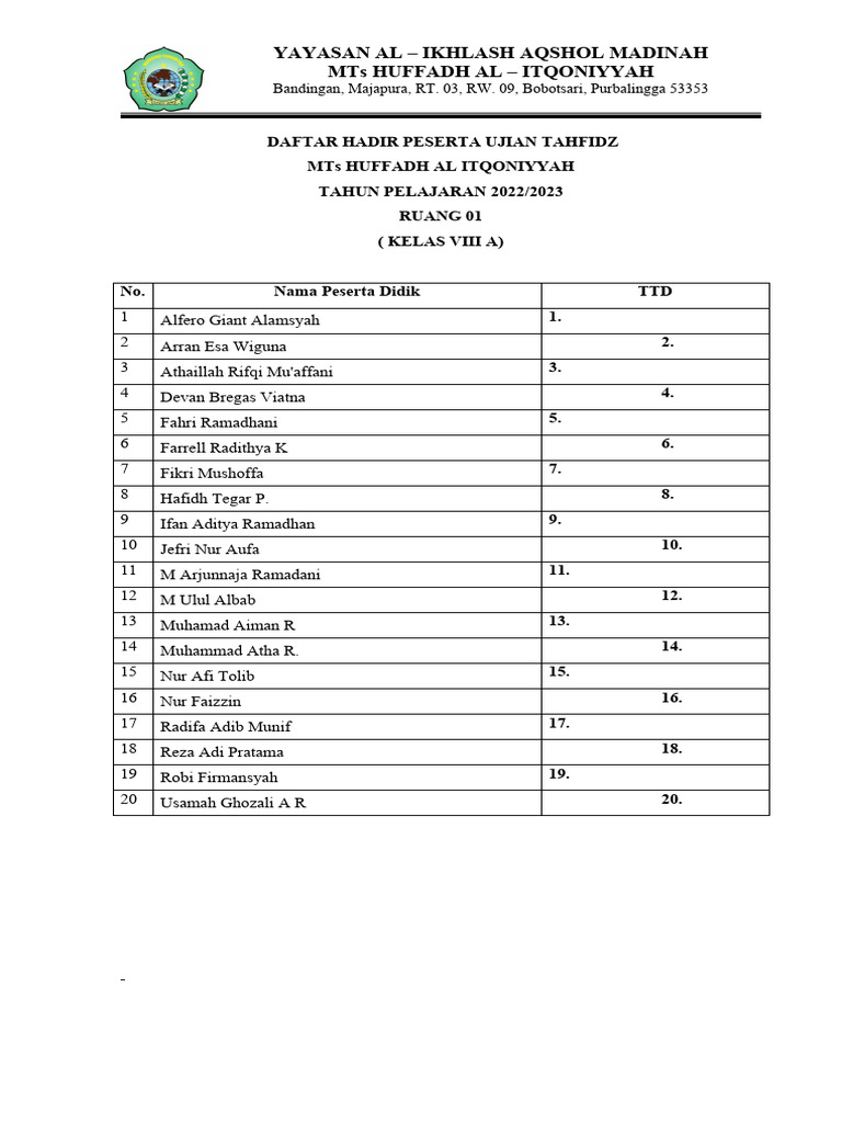 Daftar Hadir Peserta Didik | PDF