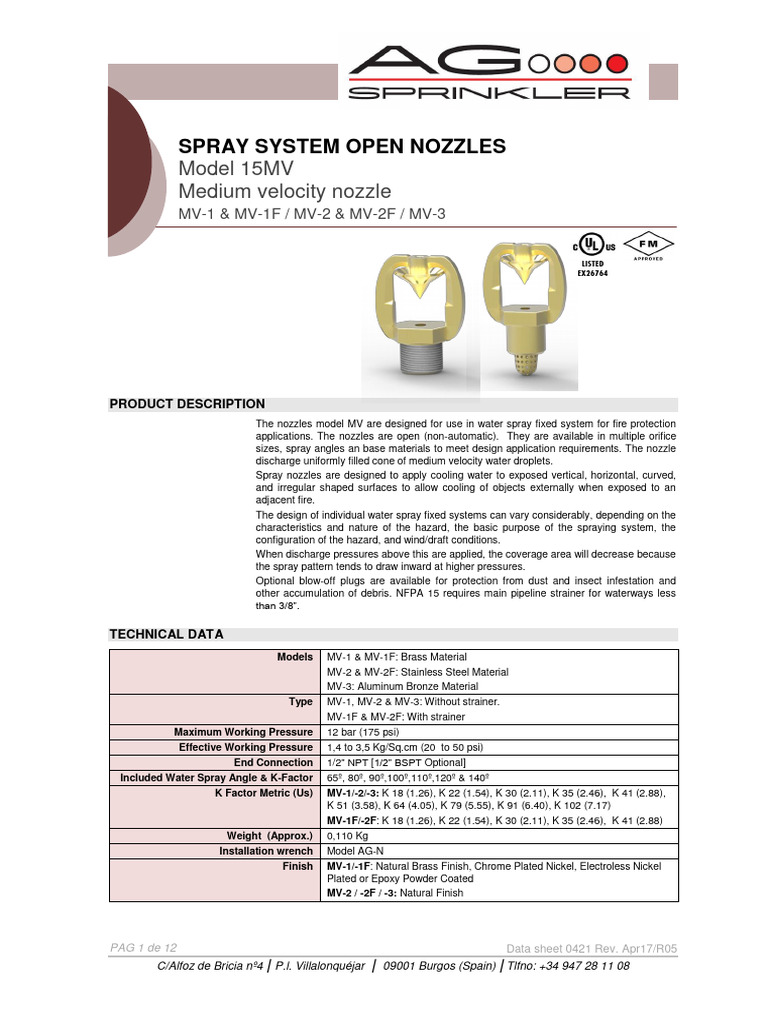 Data Sheet Spray Nozlle | PDF | Fire Sprinkler System | Liquids