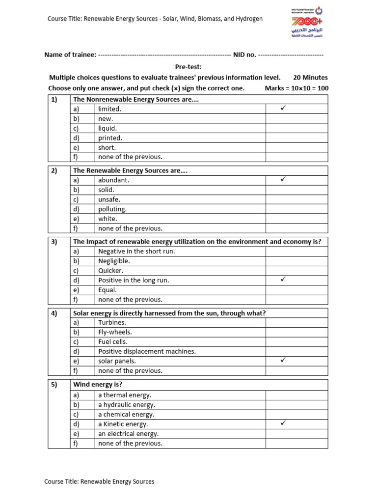 Renewable Energy Pre-Test Module Answer | PDF | Renewable Energy ...