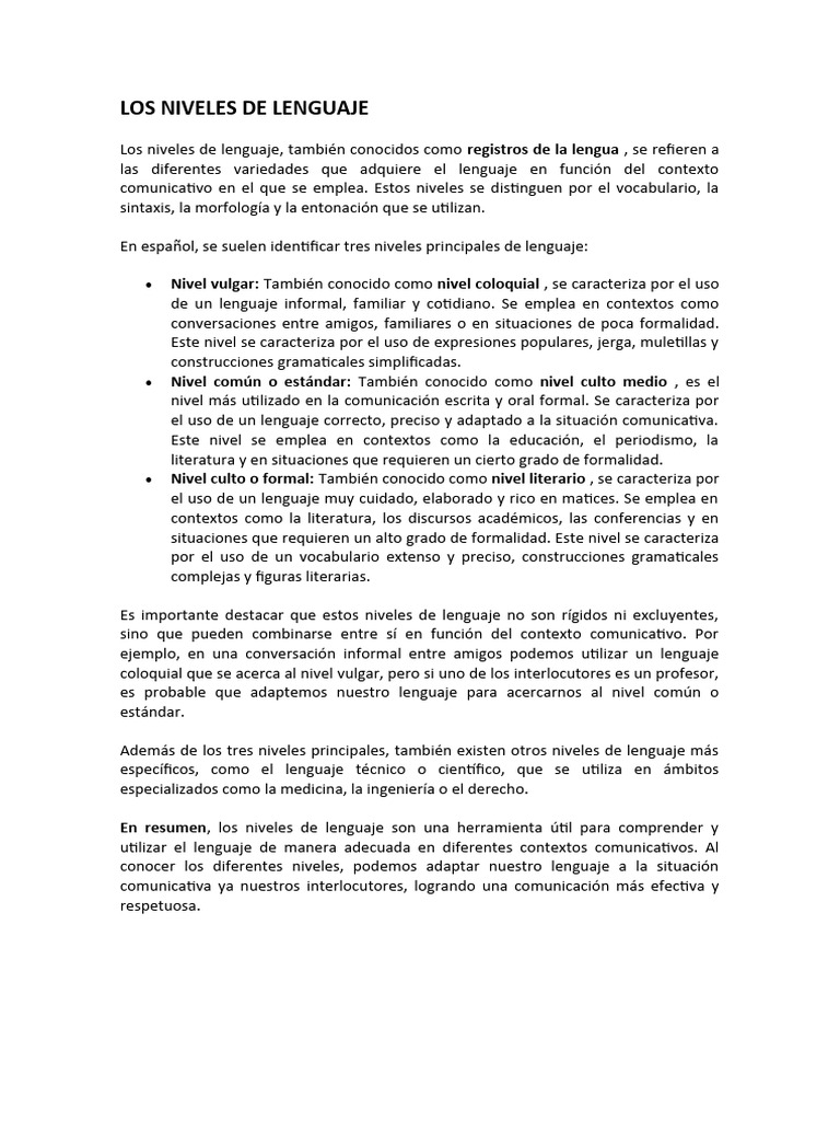 niveles de lenguaje | PDF | Léxico | Comunicación