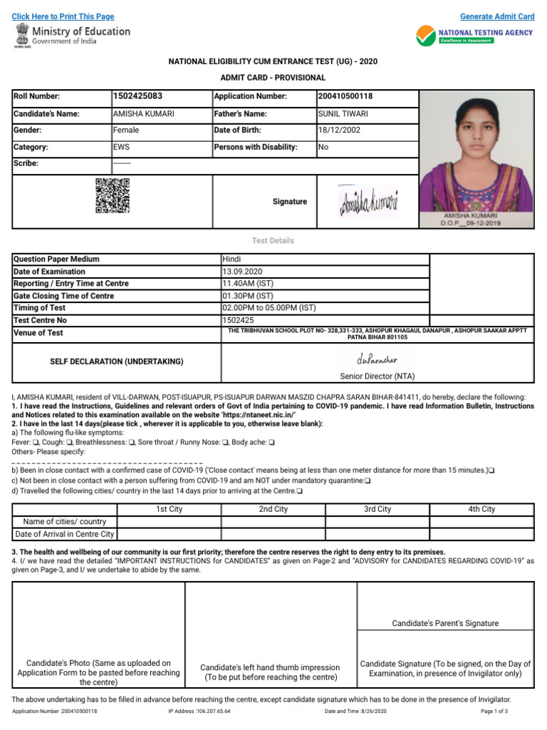 NEET UG 2020 Admit Card Instructions | PDF | Identity Document