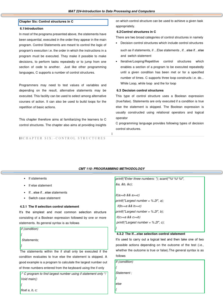 Chapter Six-Control Structures in C | PDF | Control Flow | Boolean Data ...