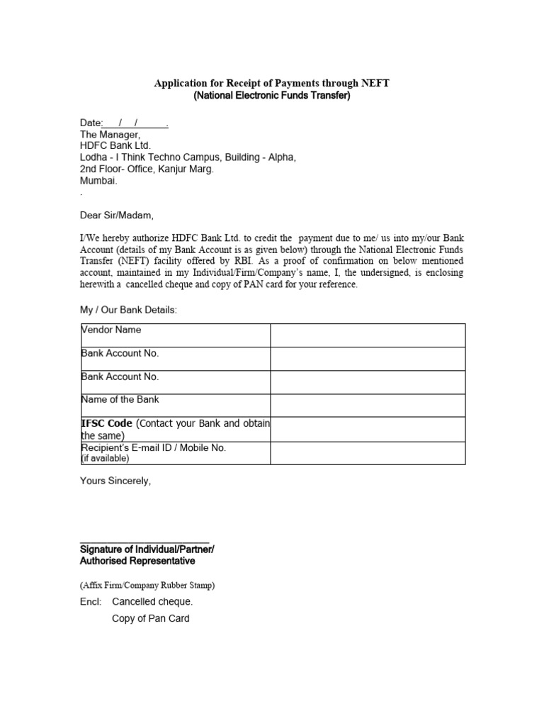 NEFT_Format(On letter head) | PDF