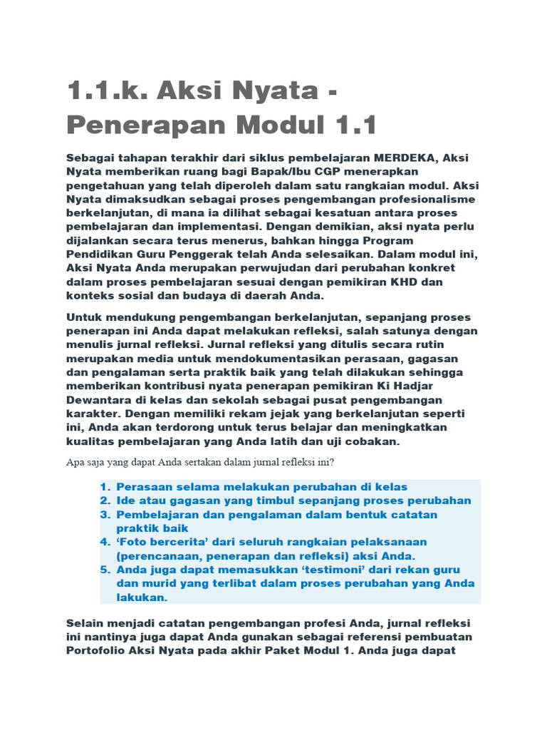 1.1.k. Aksi Nyata - Penerapan Modul 1.1 | PDF