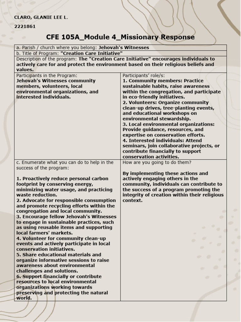 CFE 105A - Module 4 - Missionary Response | PDF | Sustainability ...