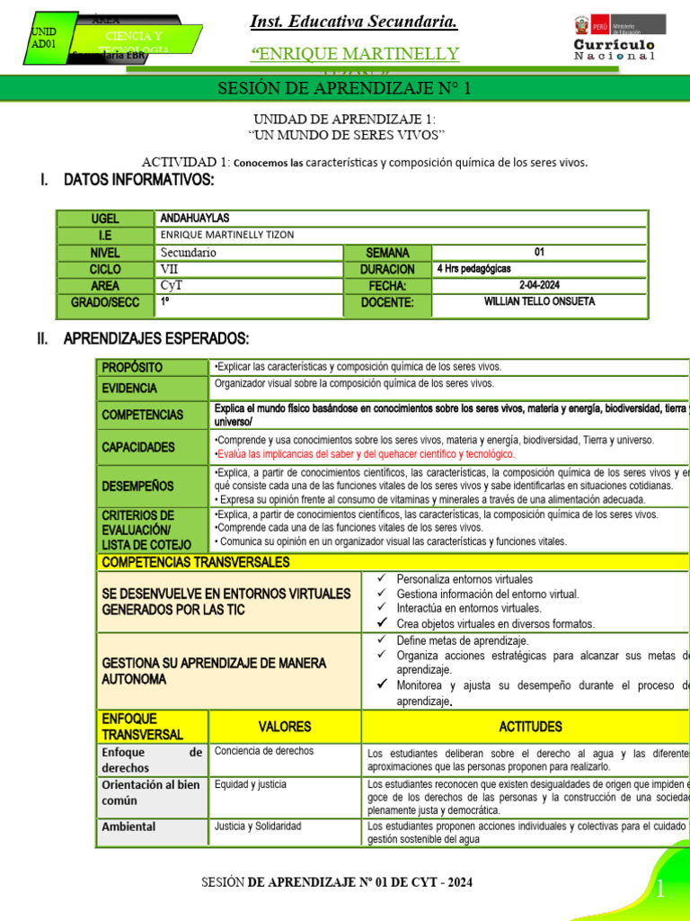 1º Ses-Act 1-Cyt U1 | PDF | Aprendizaje | Maestros