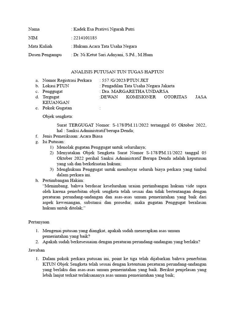 Analisis Putusan Tun Tugas Haptun | PDF | Pengelolaan Keuangan & Uang | Hukum