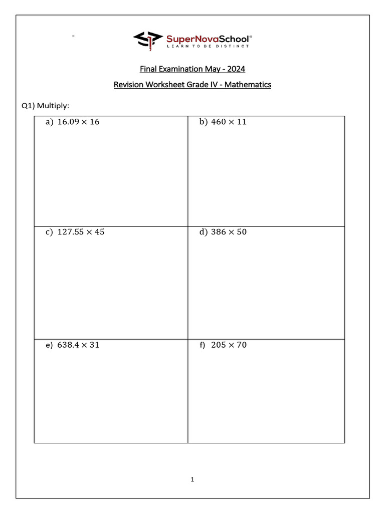 Grade IV Math Revision Worksheet 2024 | PDF | Area | Units Of Measurement