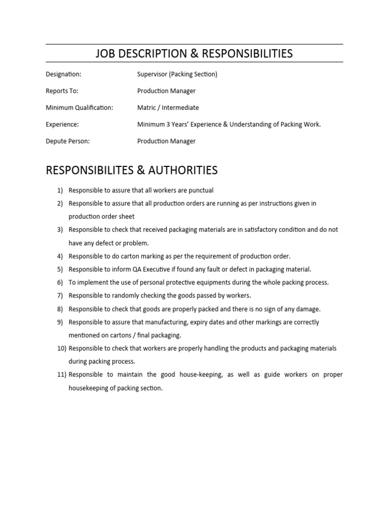 MI JD 004 Packing Supervisor | PDF