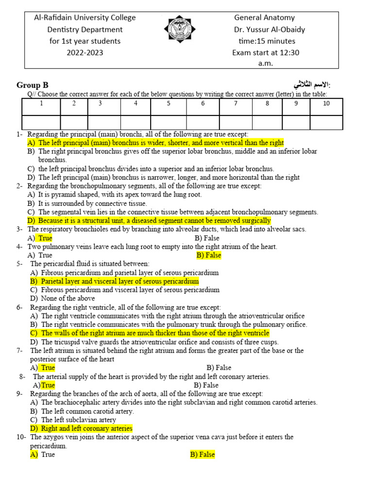 Second Term Exam - B - Answer Sheet | PDF | Heart Valve | Lung