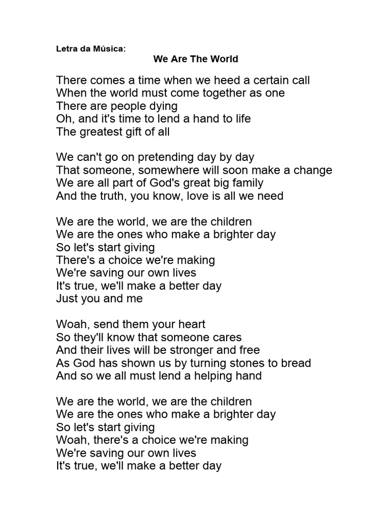 Letra Da Música We Are The World | PDF | Religion & Spirituality ...