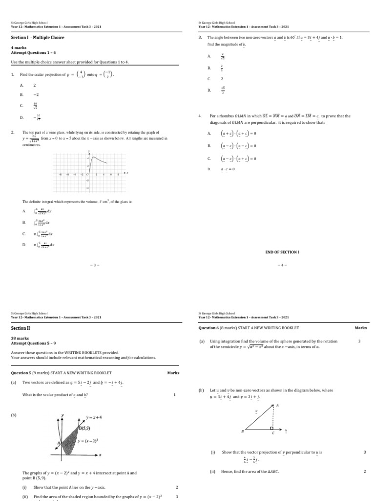 Section I - Multiple Choice: 4 Marks Attempt Questions 1 - 4 | PDF | Euclidean Vector | Area