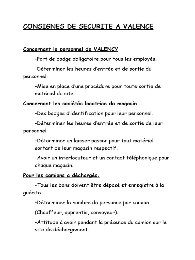 Consignes de Se Securite A Valence | PDF | Affaires