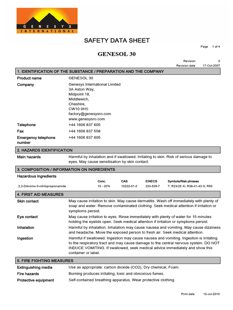 Genesol 30 MSDS | PDF | Personal Protective Equipment | Toxicity