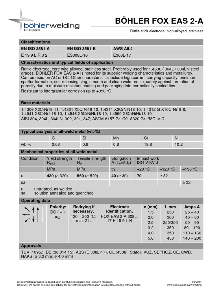 02112015000000B - Boehler FOX EAS 2-A - Ce | PDF | Building Materials | Chemical Substances