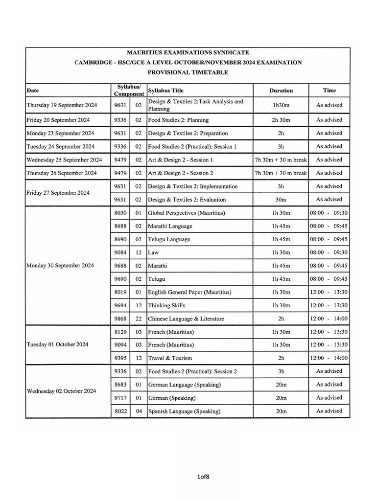 Provisional Timetable HSC 2024 | PDF