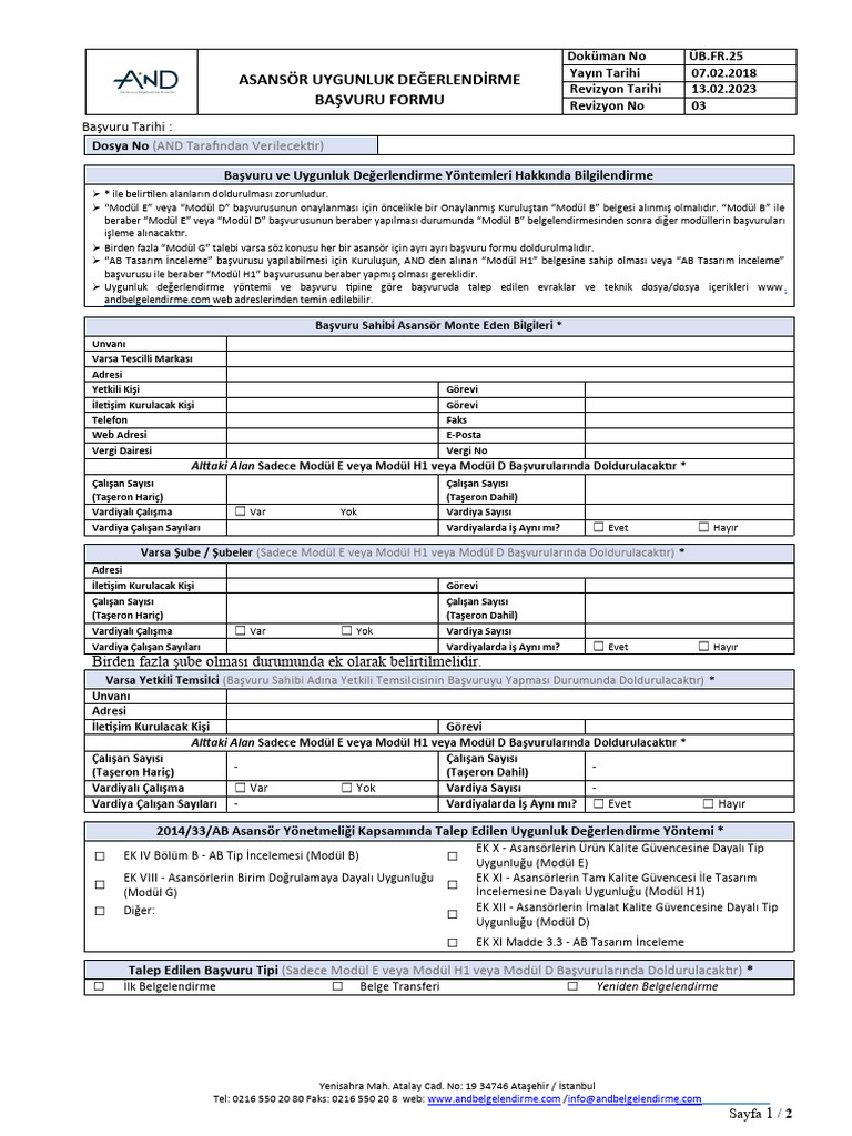 ÜB.FR.25 Asansör Uygunluk Değerlendirme Basvuru Formu rev 03 | PDF