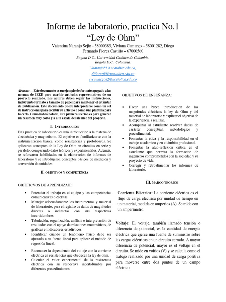 INFORME DE LAB #1 LEY OHM | PDF | Resistencia Eléctrica y Conductancia | Corriente eléctrica