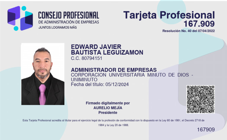 Tarjeta Profesional Administrador de Empresas | PDF
