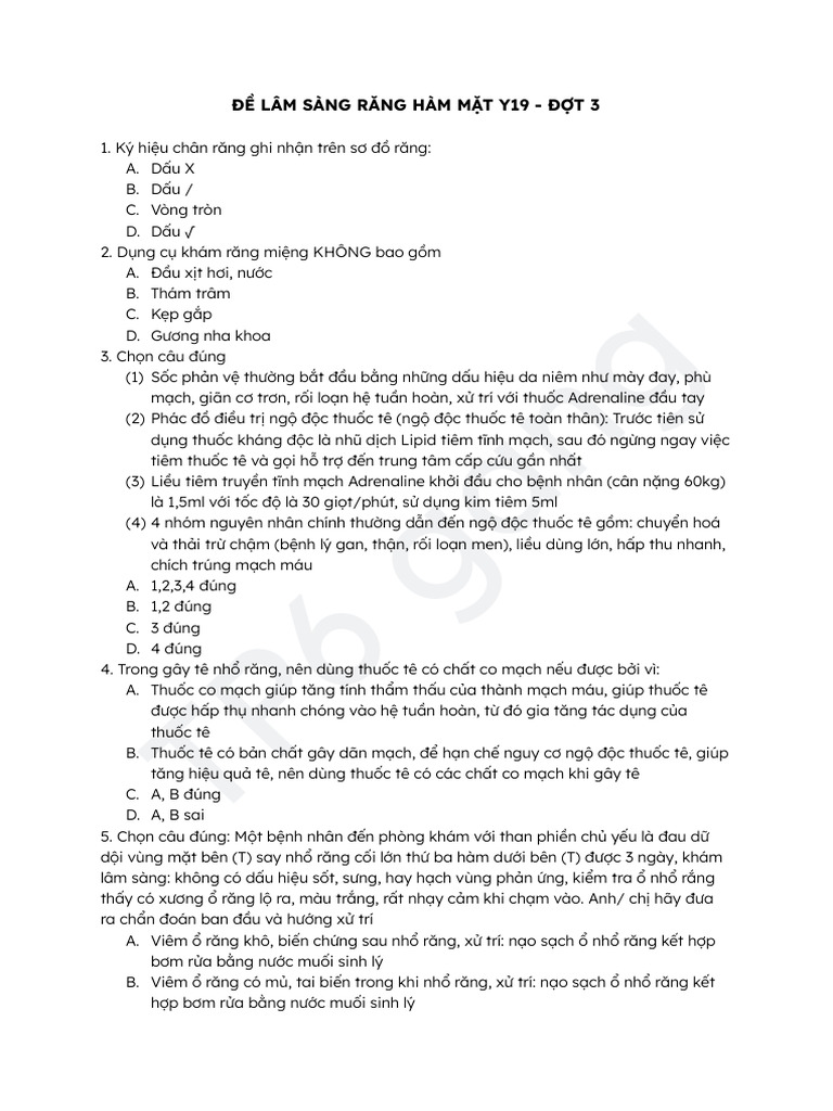 6 g an g: Đề Lâm Sàng Răng Hàm Mặt Y19 - Đợt 3 | PDF
