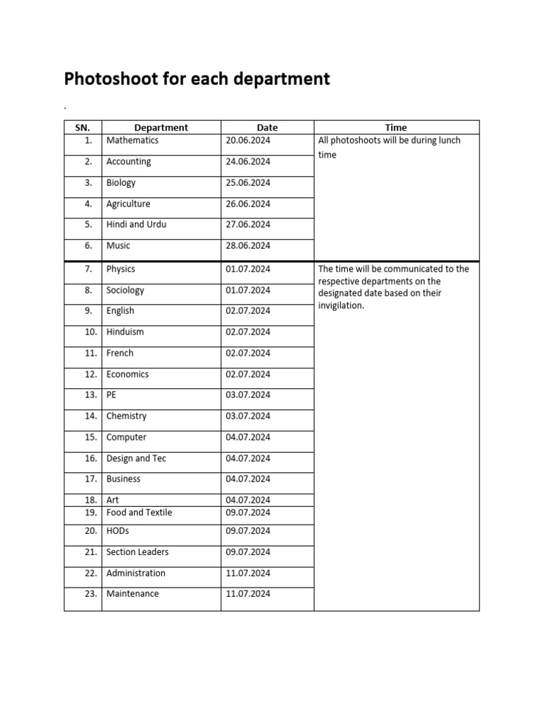 Department Photoshoot Schedule 2024 | PDF