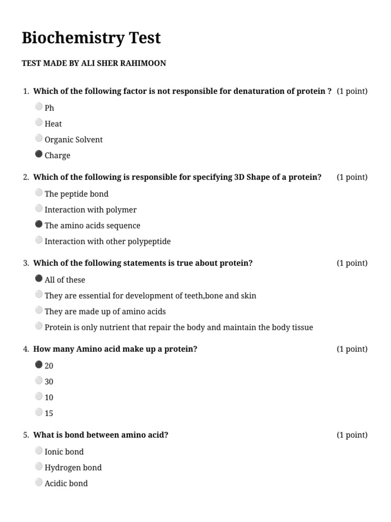 Biochemistry Test | PDF | Amino Acid | Proteins