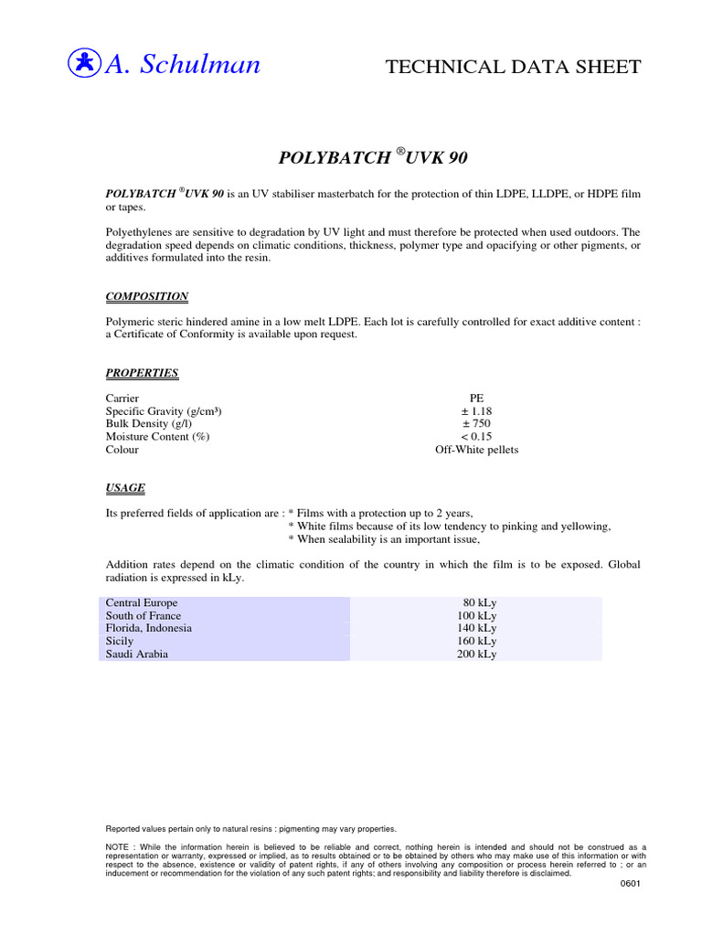 Adjuvant Anti UV - SCHULMAN - Polybatch - Uvk | PDF | Polyethylene ...