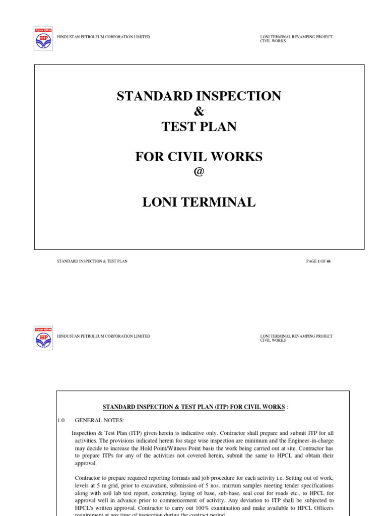 Standard Inspection & Test Plan For Civil Works at Loni Terminal | PDF ...