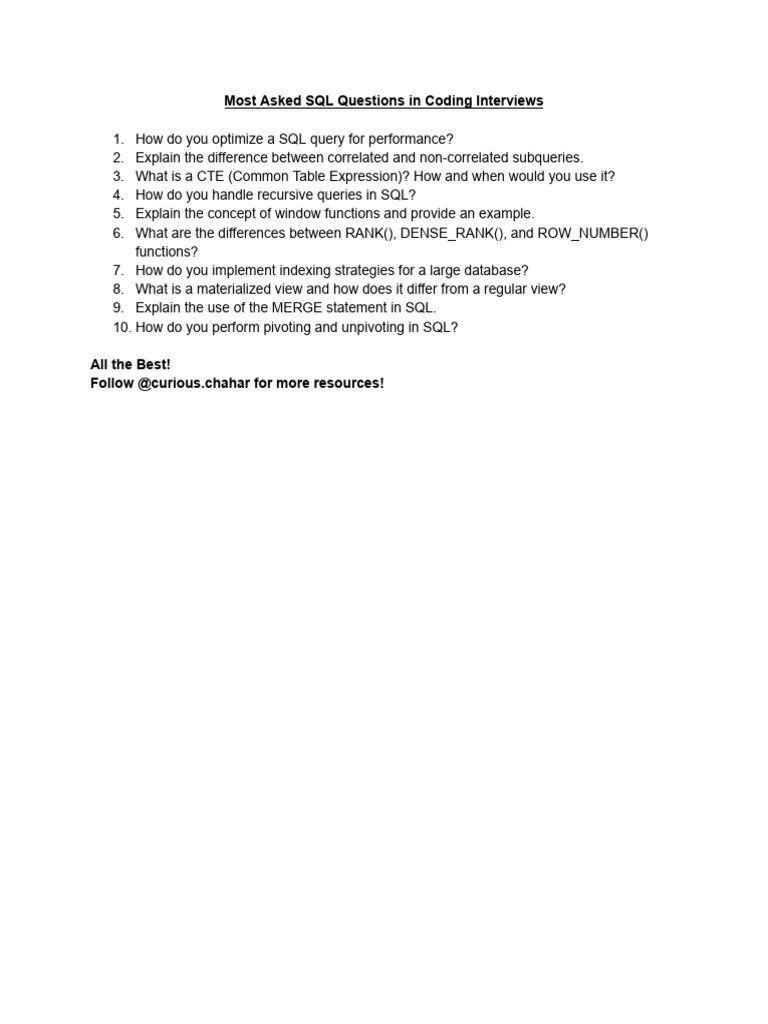 Most Asked SQL Questions in Coding Interviews | PDF