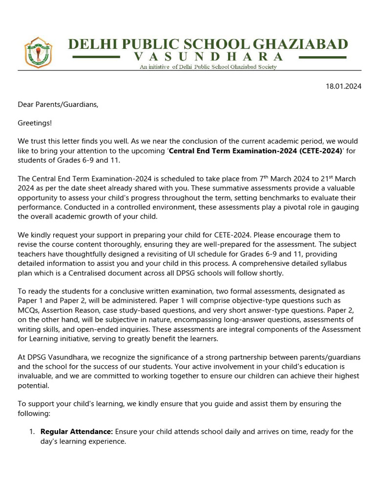 Letter To Parent CETE 2024 | PDF | Educational Assessment | Teaching