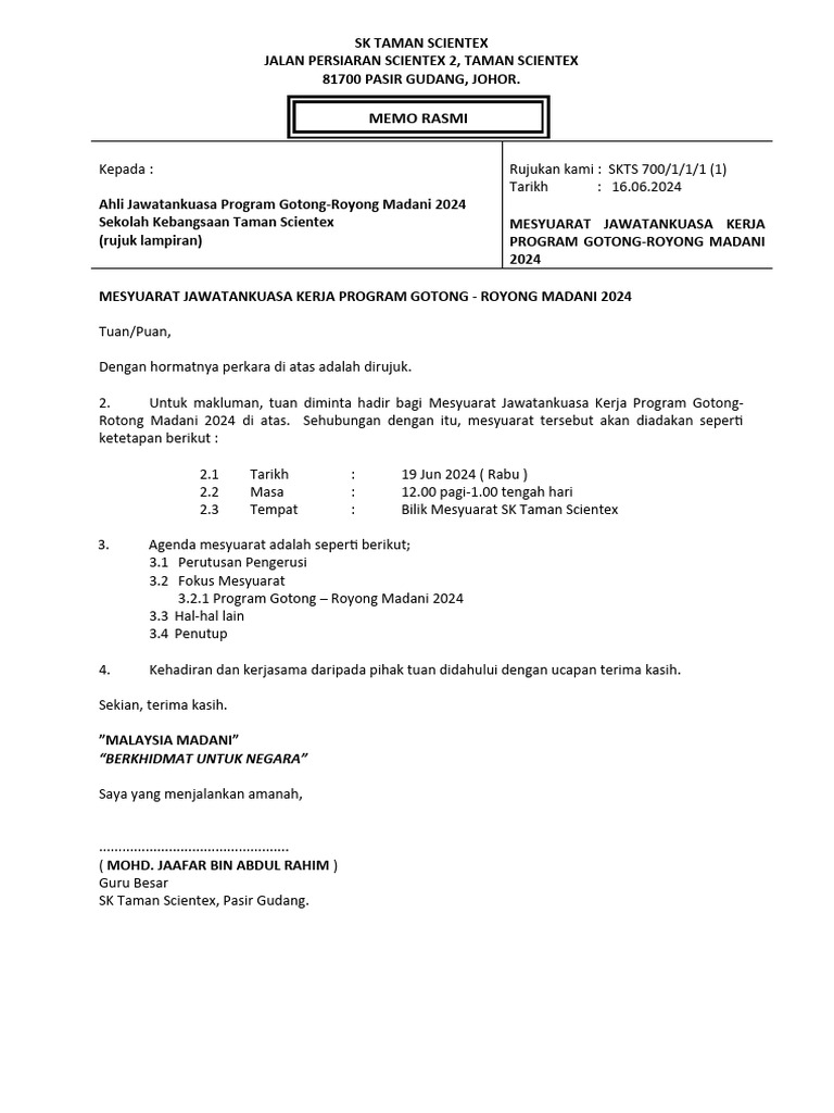 Memo Mesyuarat Program Gotong Royong | PDF