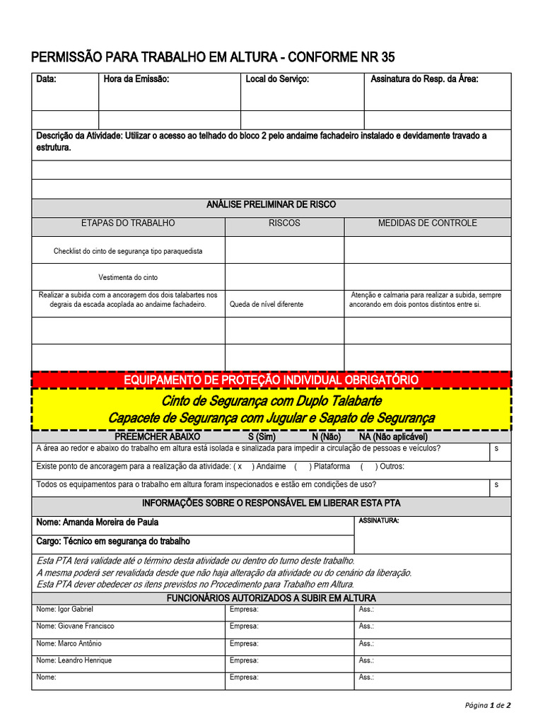 PTA_Permissão para Trabalho em Altura NR 35 | PDF