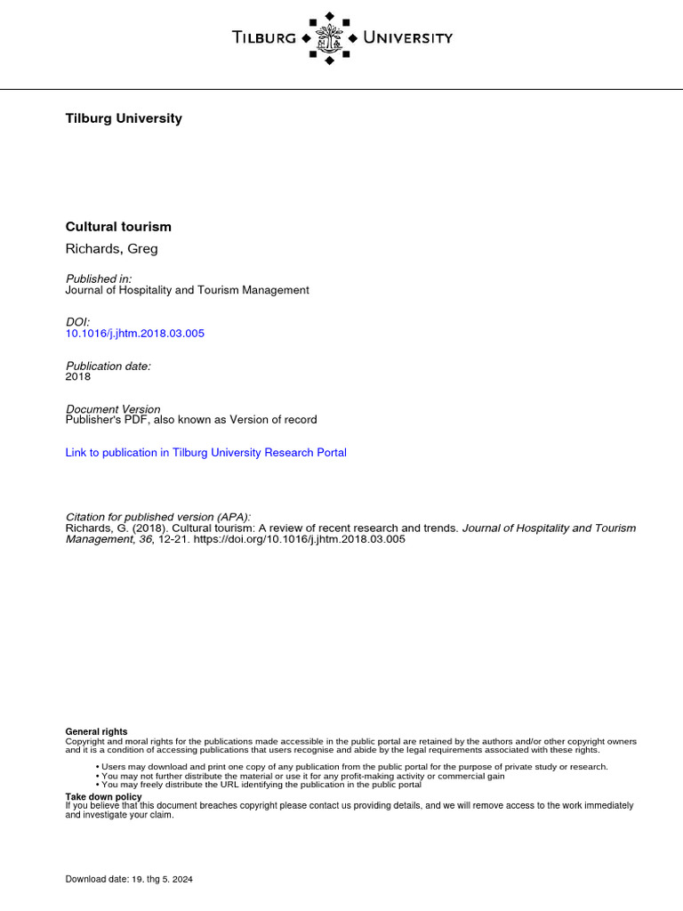 Cultural Tourism - A Recent Teview | PDF | Tourism | Motivation